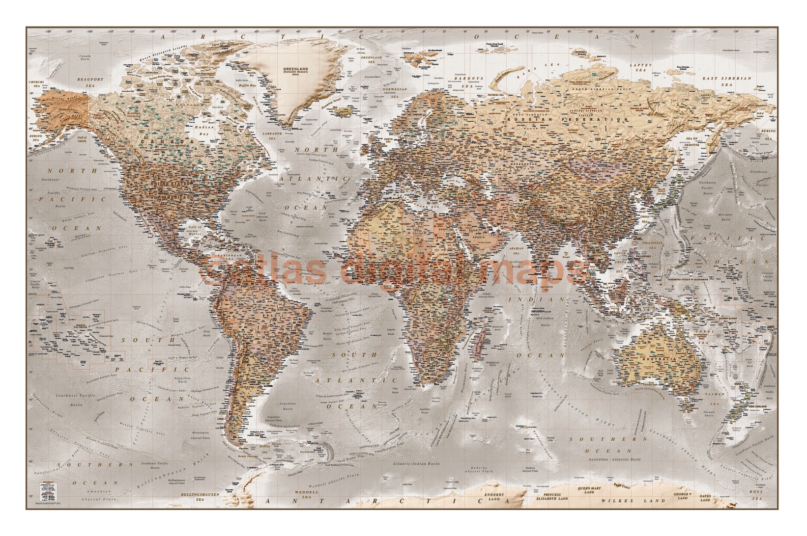 Framed Canvas World Wall Map Tan and Stone Large 60" x 38" Antique style