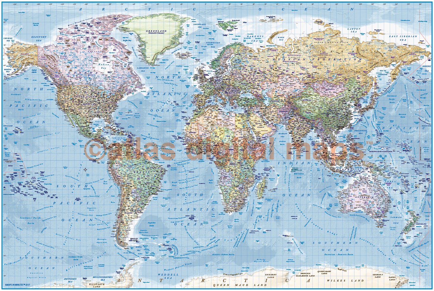 World Wall Map Print, Vinyl Political & Ocean contour relief Medium ...
