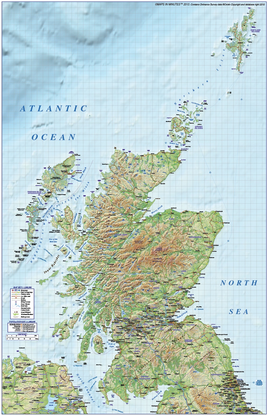 Scotland 1st level Political road and rail relief map including the ...