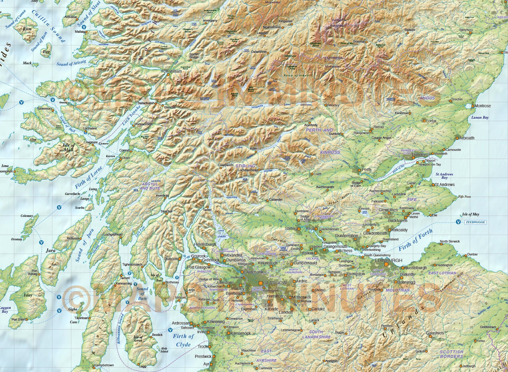 Scotland 1st level Political map with high res medium colour relief @1m ...