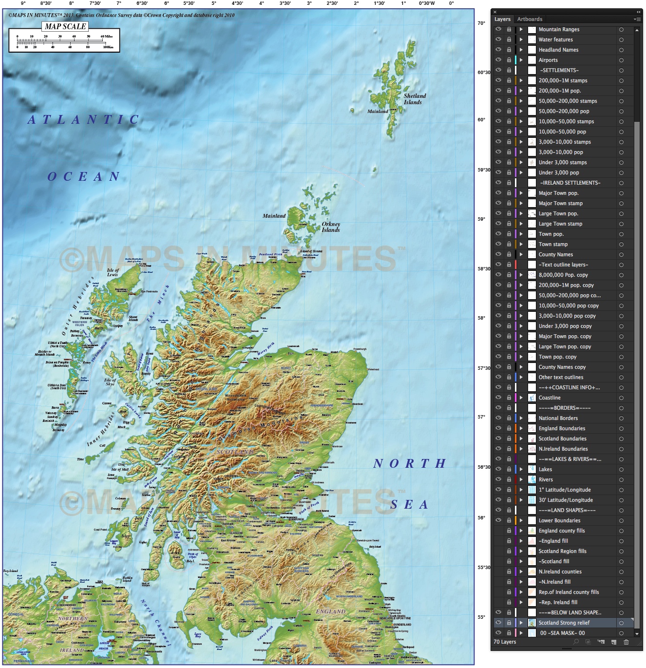 Scotland Regions map with 600dpi high res Strong colour relief ...