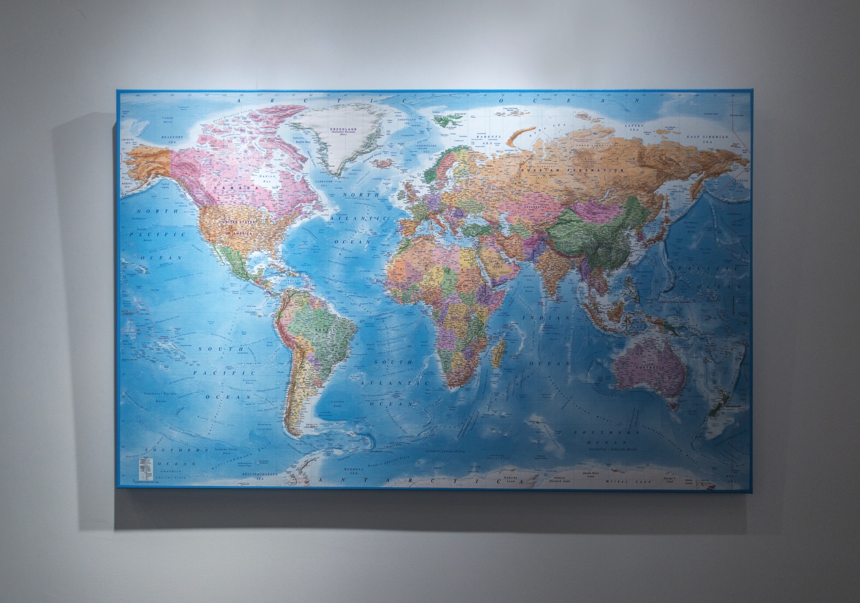 World Wall Map Framed CANVAS Political colour relief Blue Ocean -Bold ...