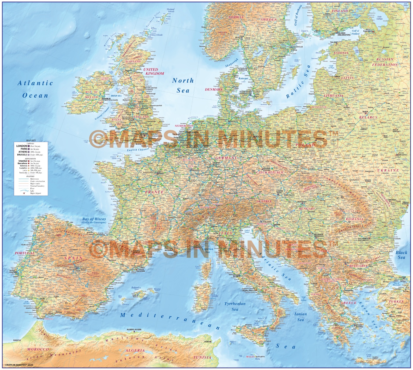 High detail Central Europe Political Country vector map with roads and ...