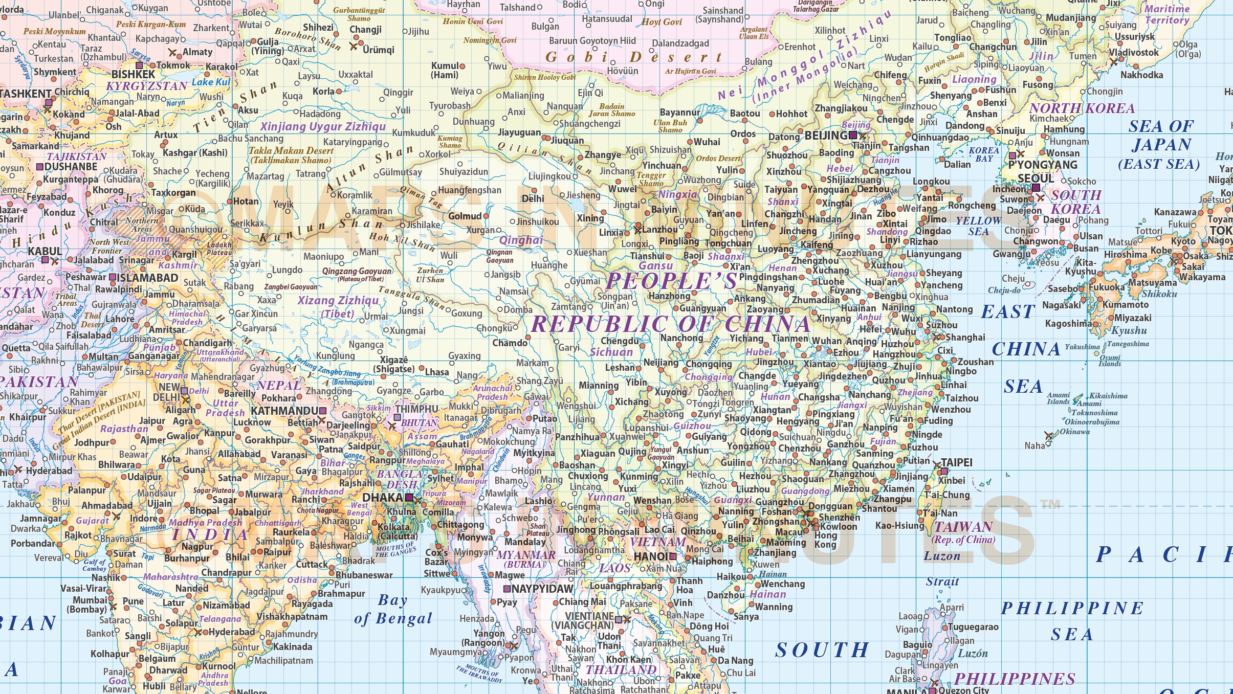Digital vector map of East Asia region, political with Ocean contours ...