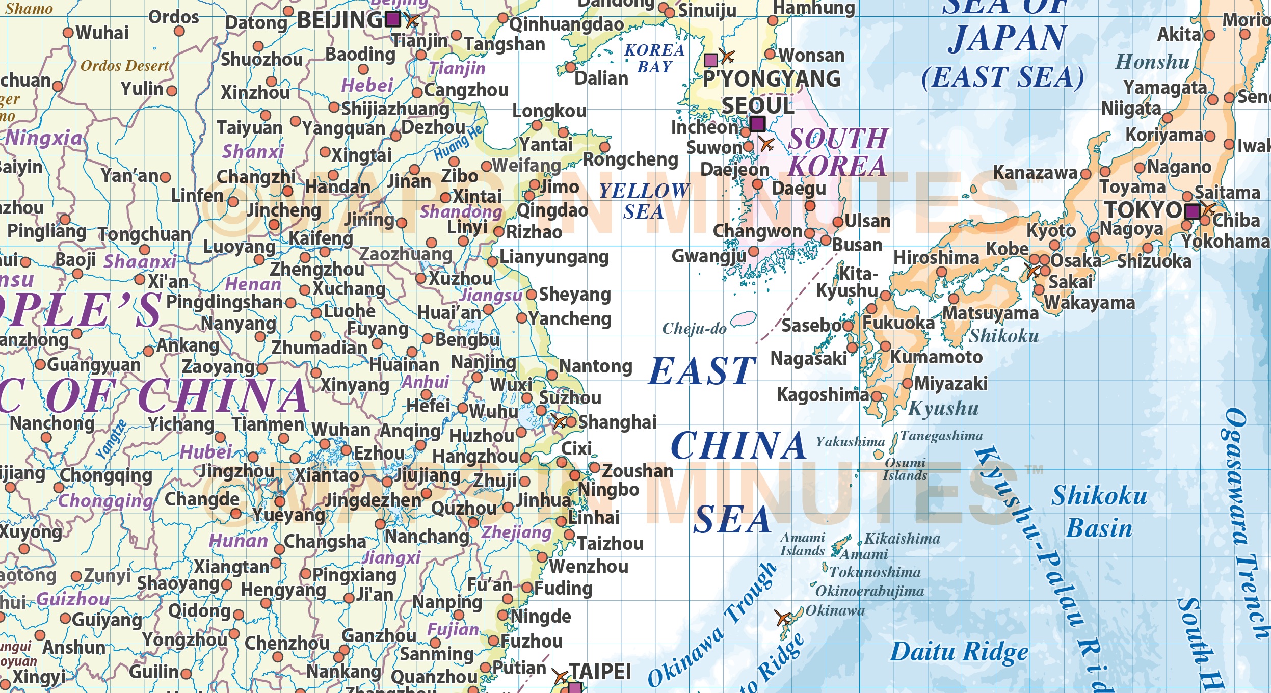 Digital vector map of East Asia region, political with Ocean contours ...