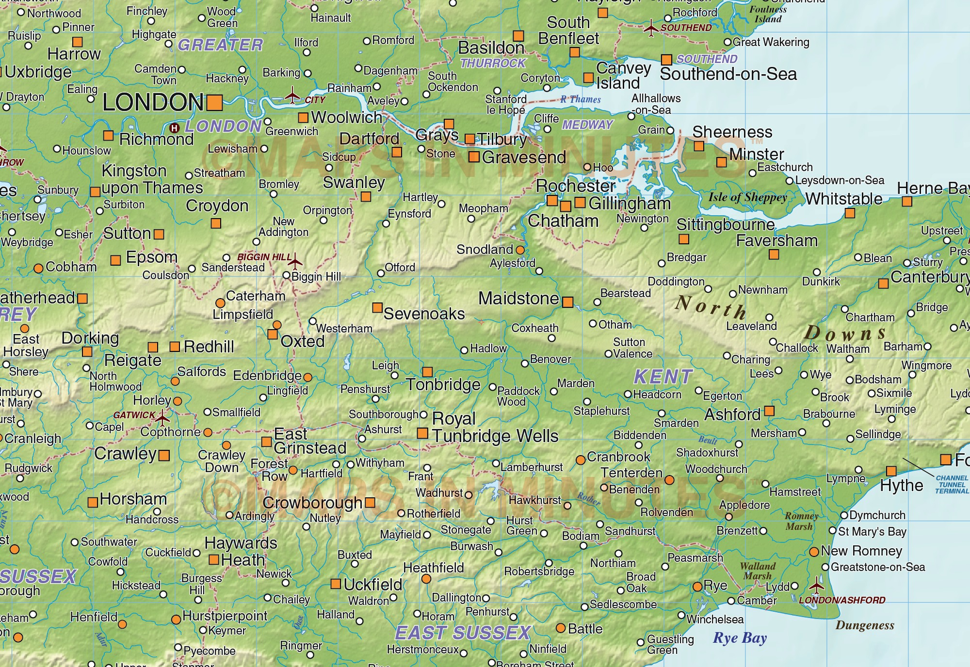 Vector South East England map. 1st level political road and rail map ...