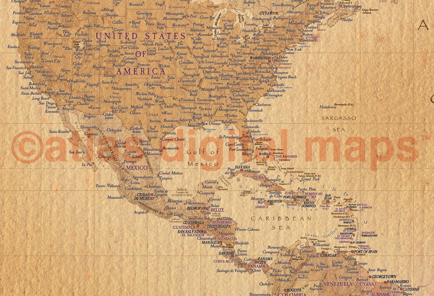 World Wall Map Framed Canvas Tan Antique-style Political Relief 60" x 38"