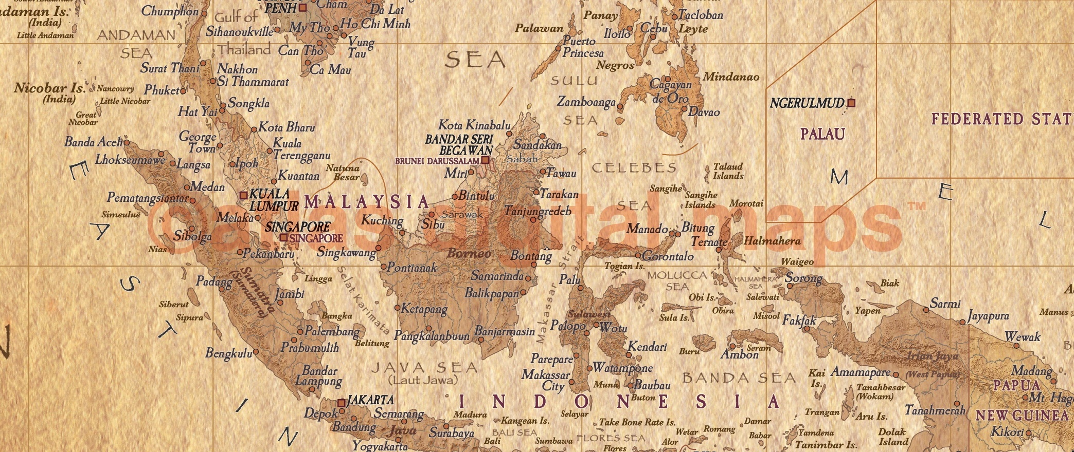 World Wall Map Framed Canvas Tan Antique-style Political Relief 60" x 38"