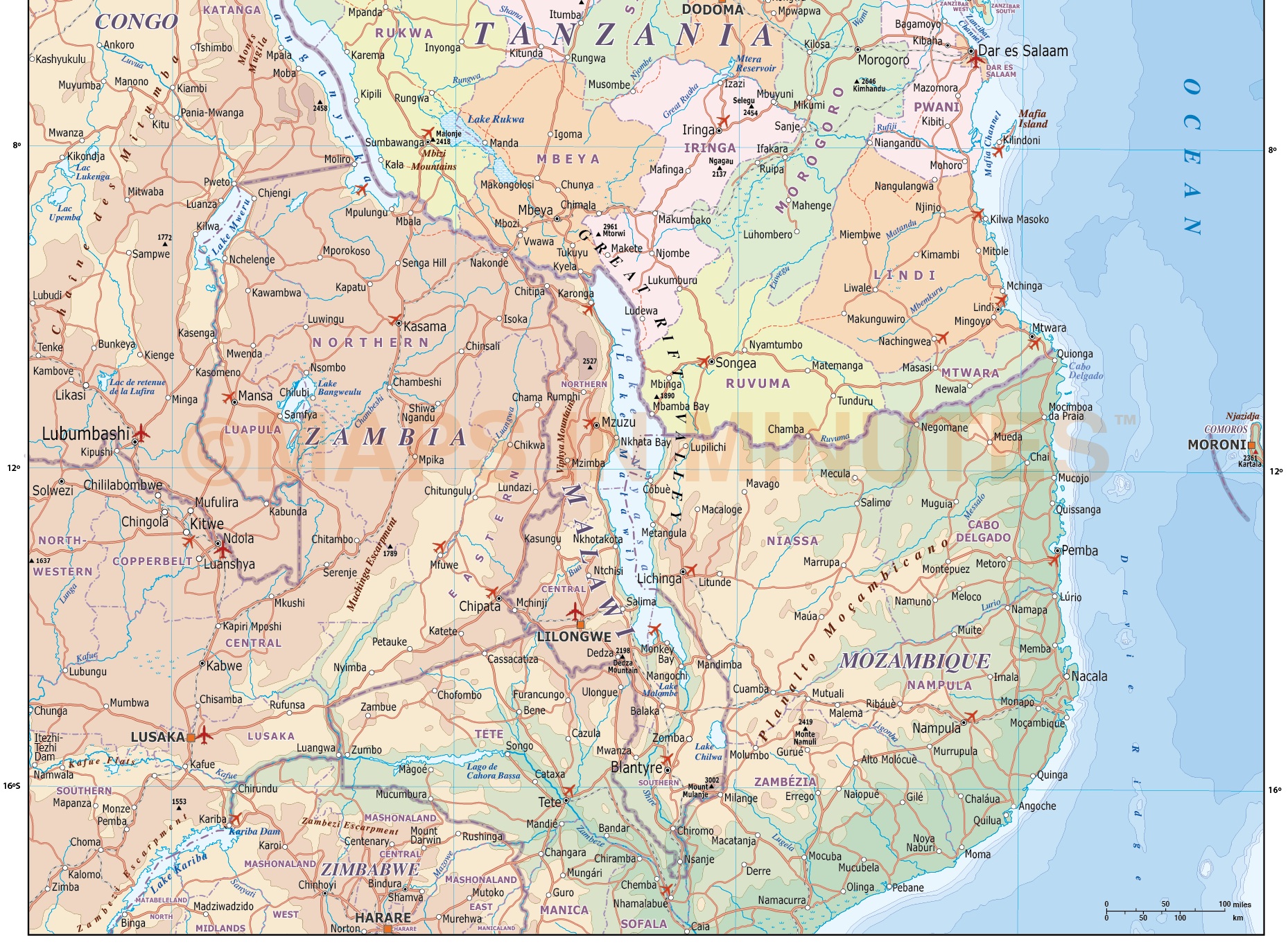 Tanzania digital vector political, road & rail map with land and ocean ...