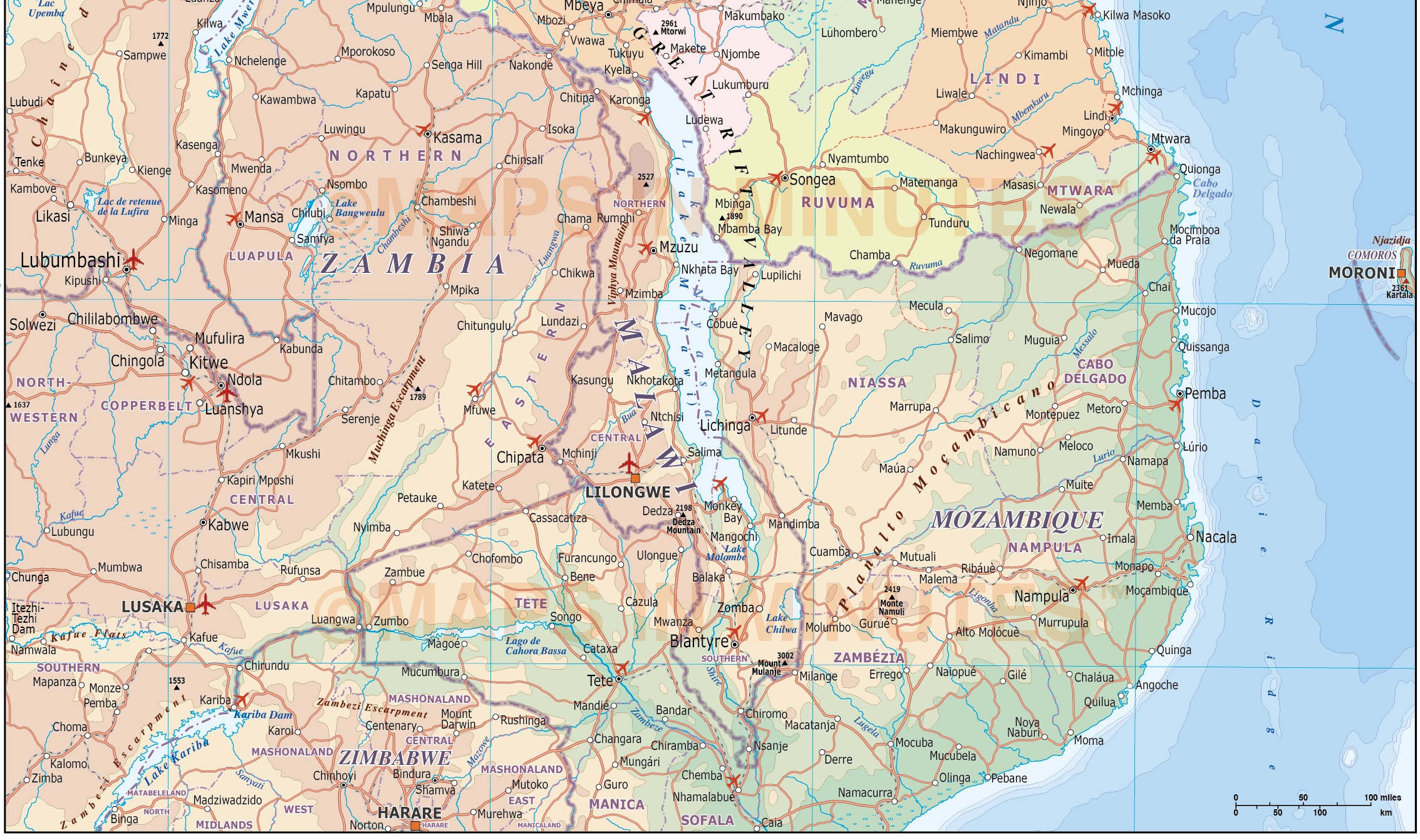 Tanzania digital vector political, road & rail map with land and ocean ...