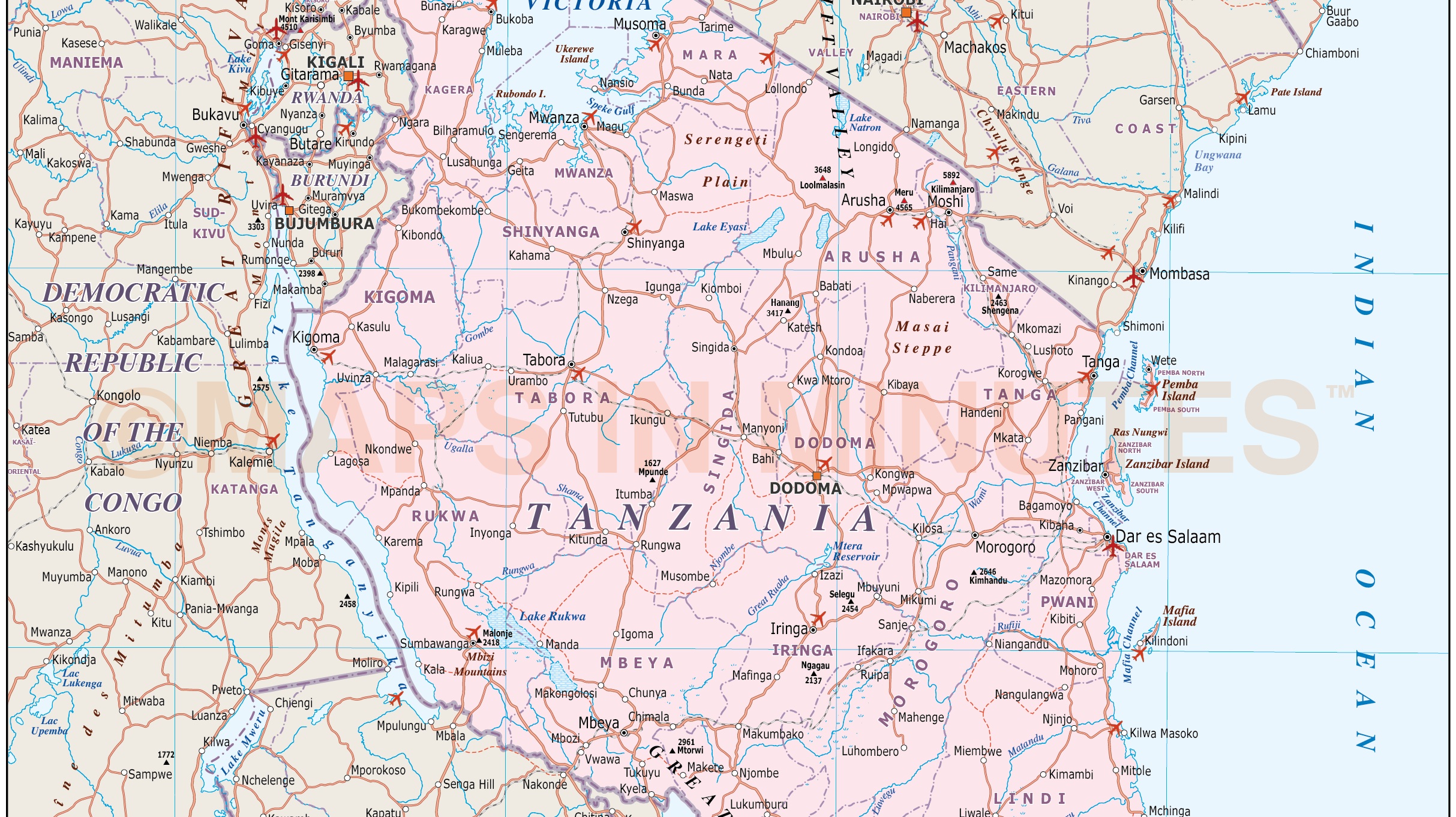 Tanzania digital vector political map with internal divisions, road ...