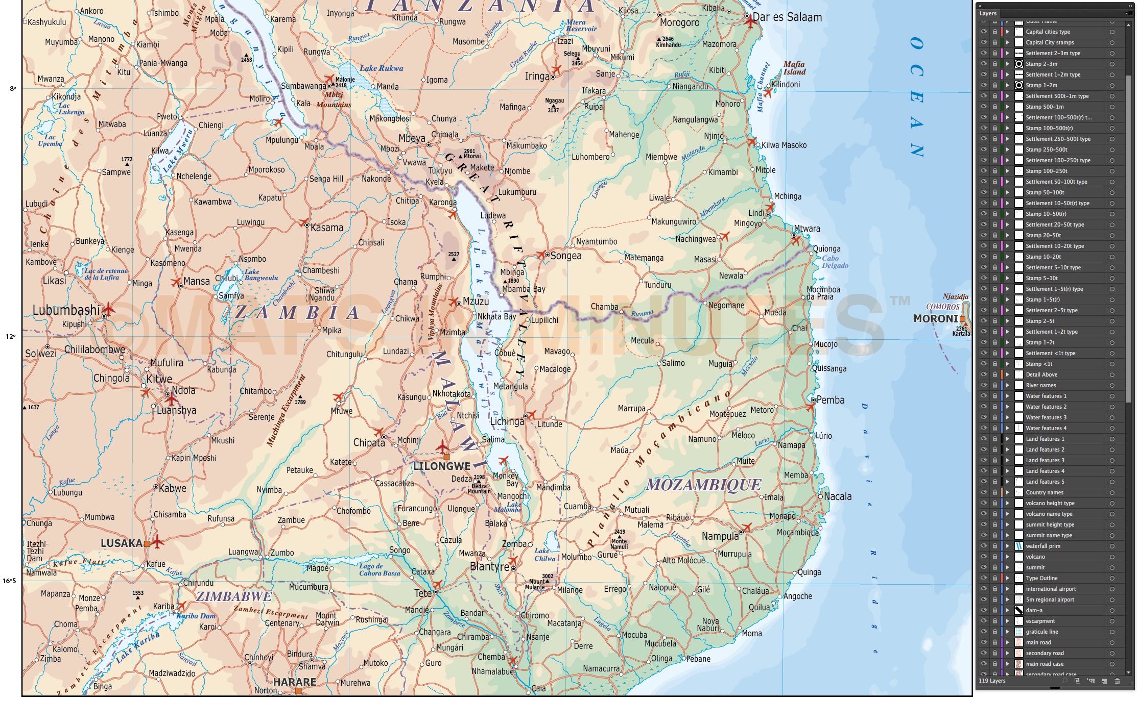 Digital vector Tanzania map. Political, road & rail map with land and ...