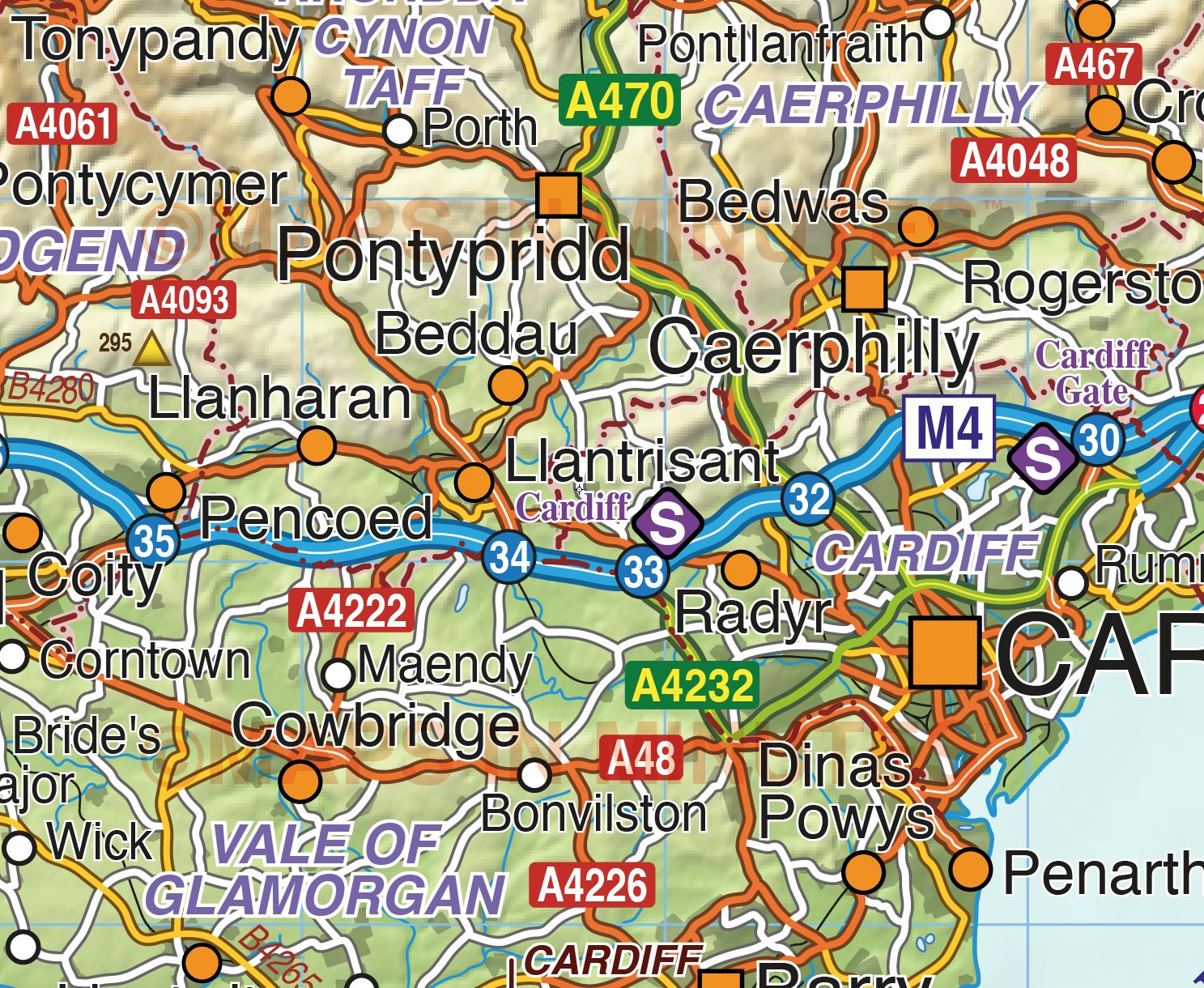 wales county road and rail map with Regular colour relief 500k scale in ...