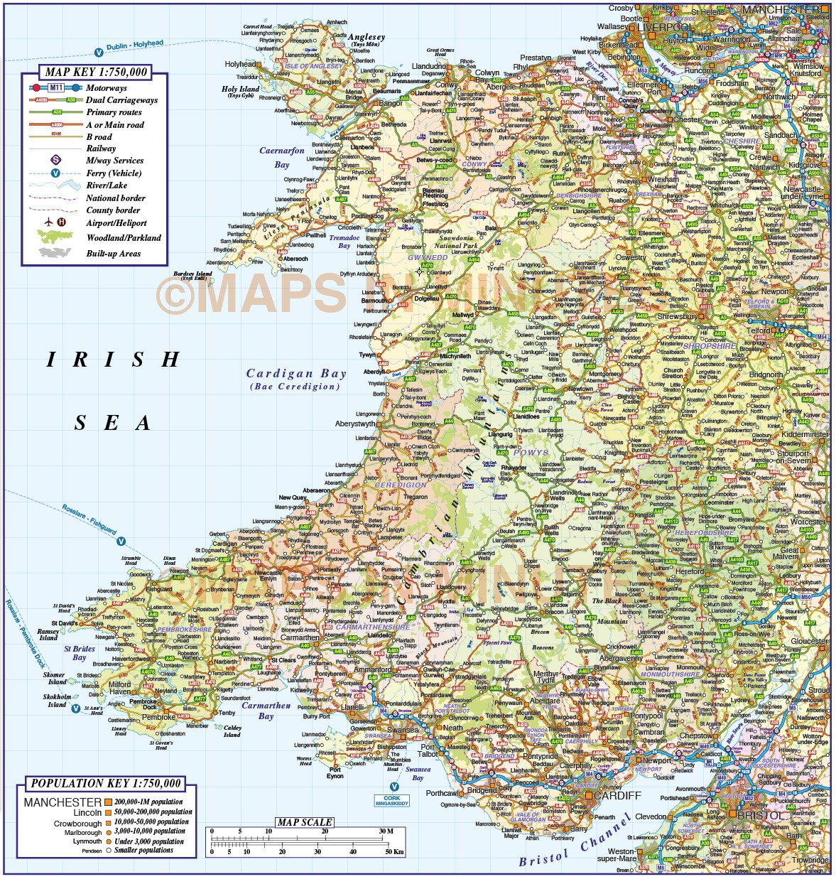 Wales 1st level Political Road & Rail Map plus Medium relief Layer 750k ...