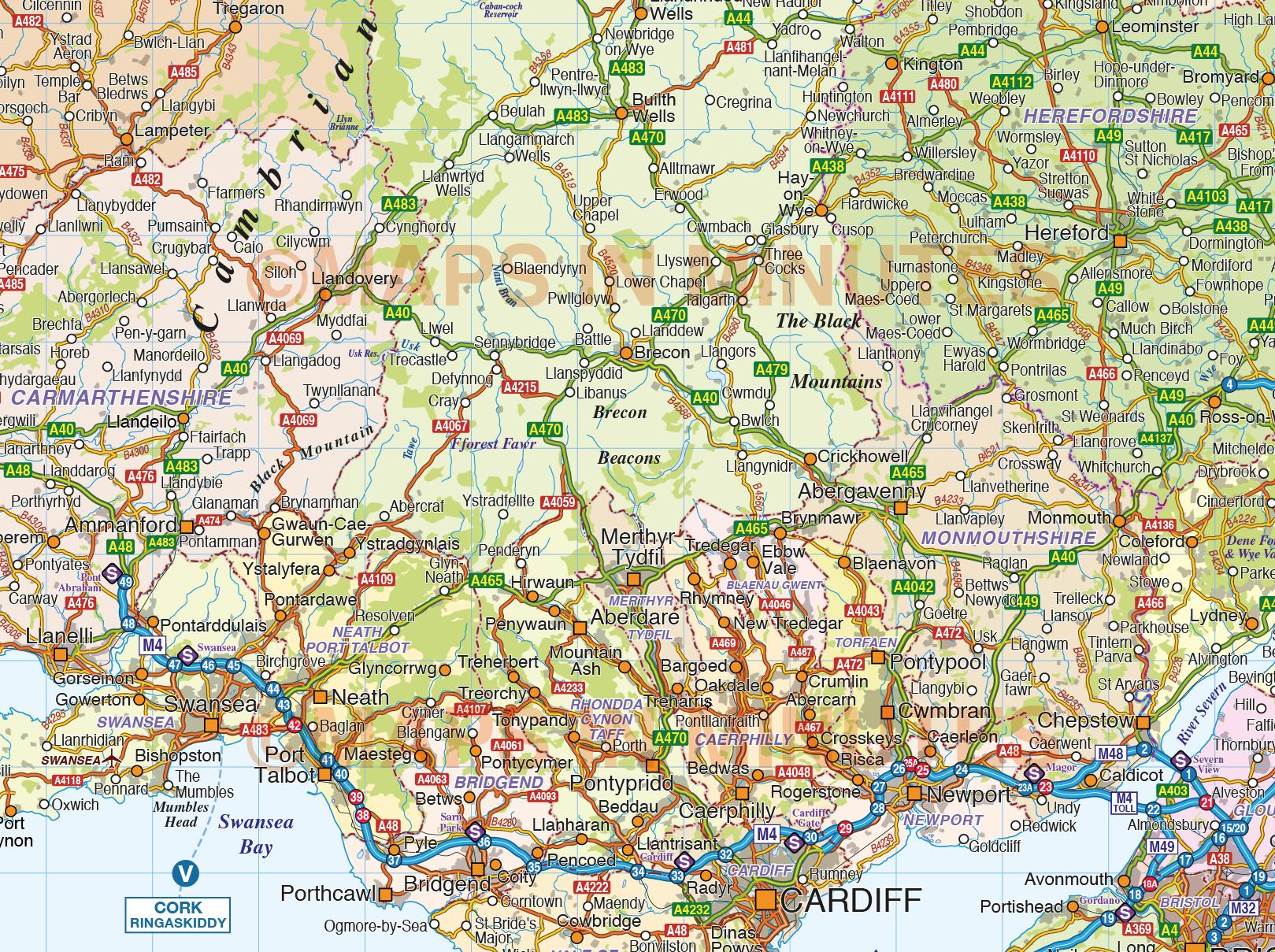 Detailed Wales Road, Rail & County Map in Illustrator AI CS digital ...