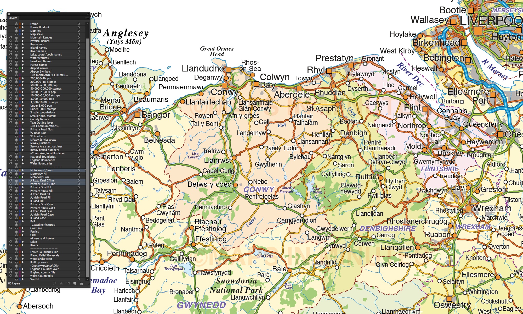Digital vector Wales county road rail plus shaded relief map at 750,000 ...