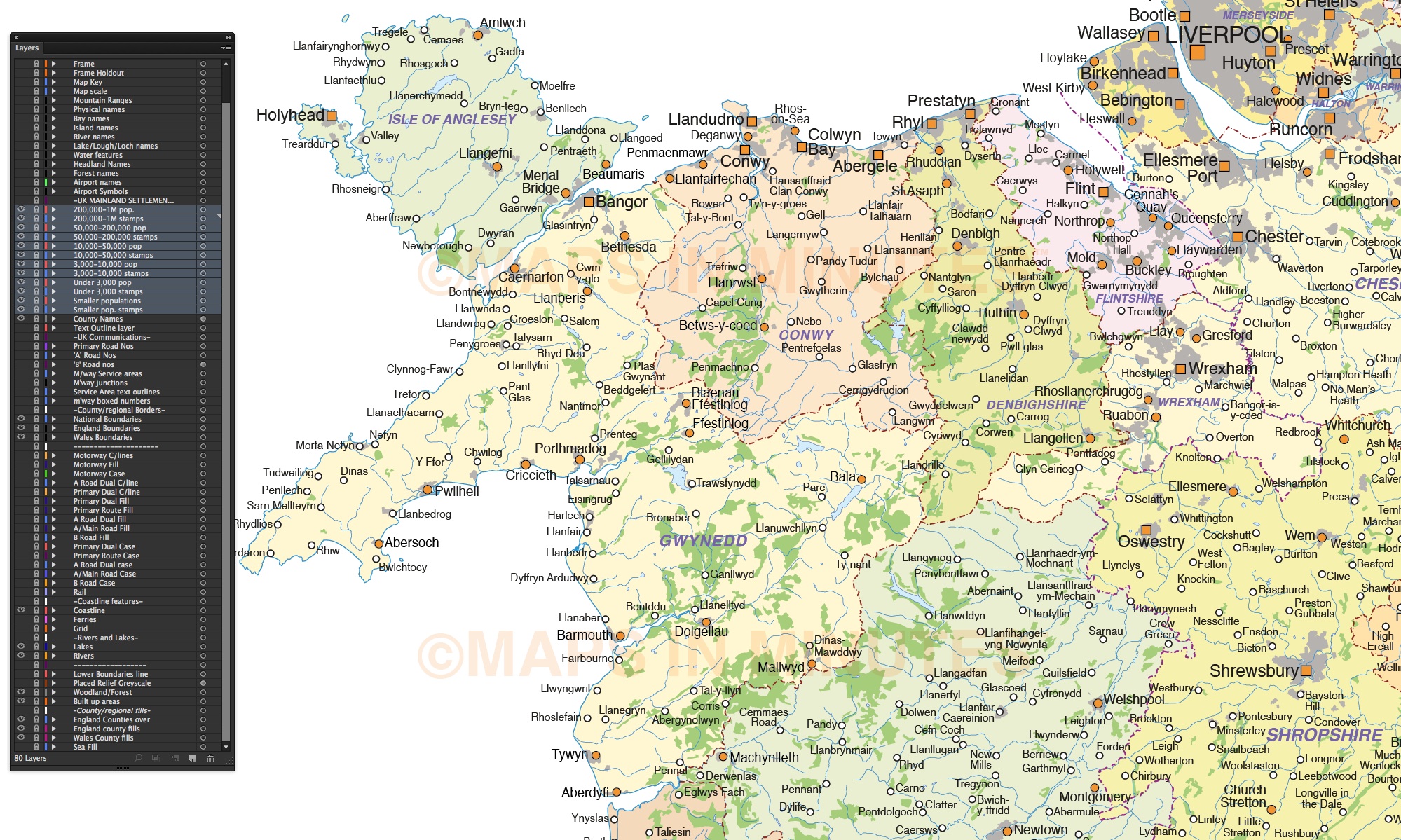 Digital vector Wales county road rail plus shaded relief map at 750,000 ...