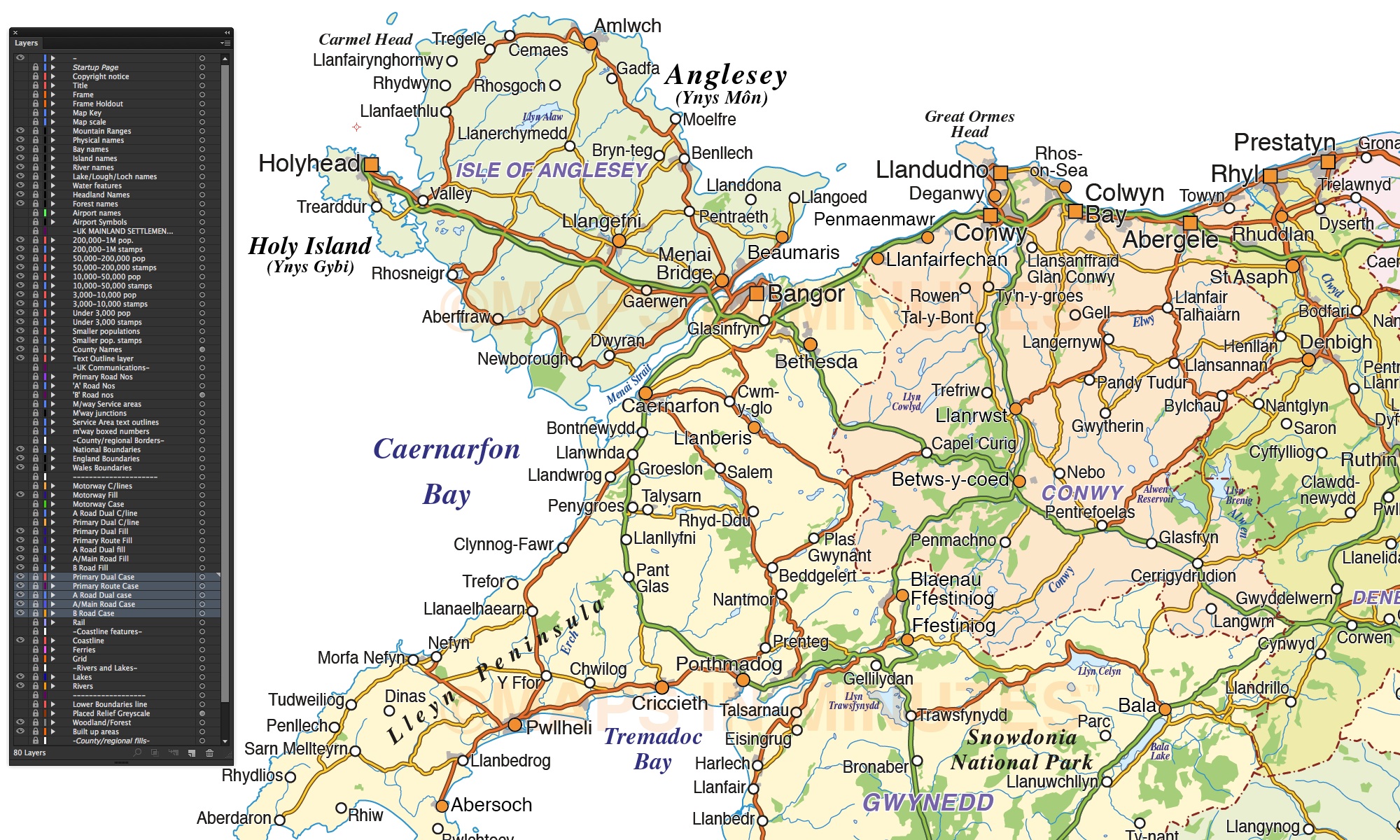 Digital vector Wales county road rail plus shaded relief map at 750,000 ...