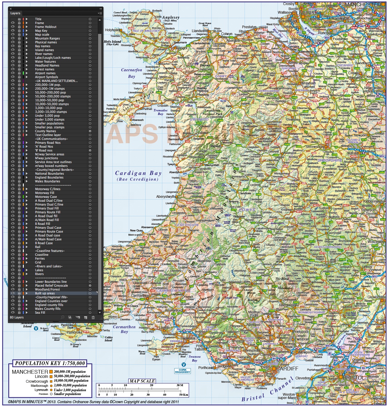 Digital vector Wales county road rail plus shaded relief map at 750,000 ...