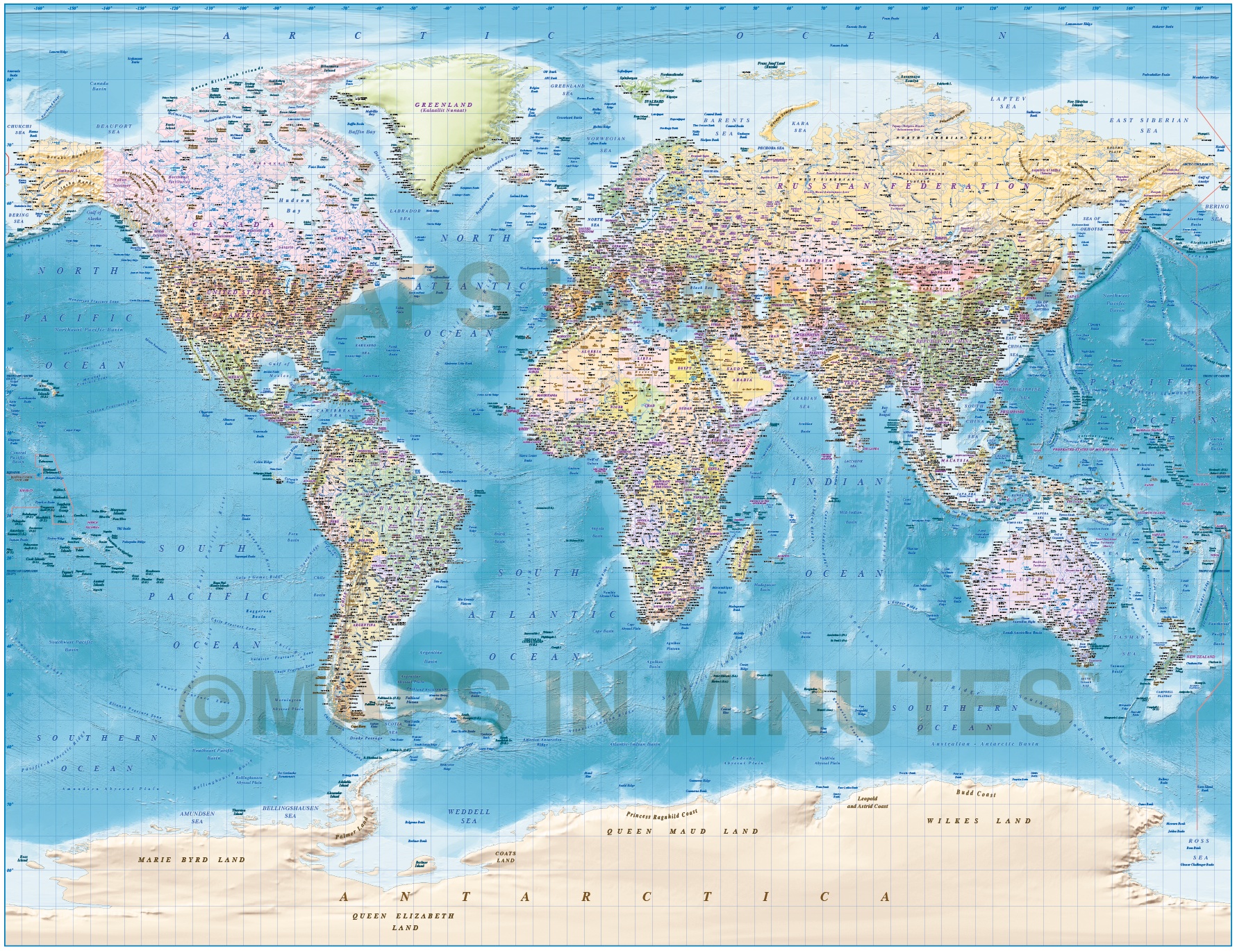 Digital vector Political World map with relief, terrain for land and ...