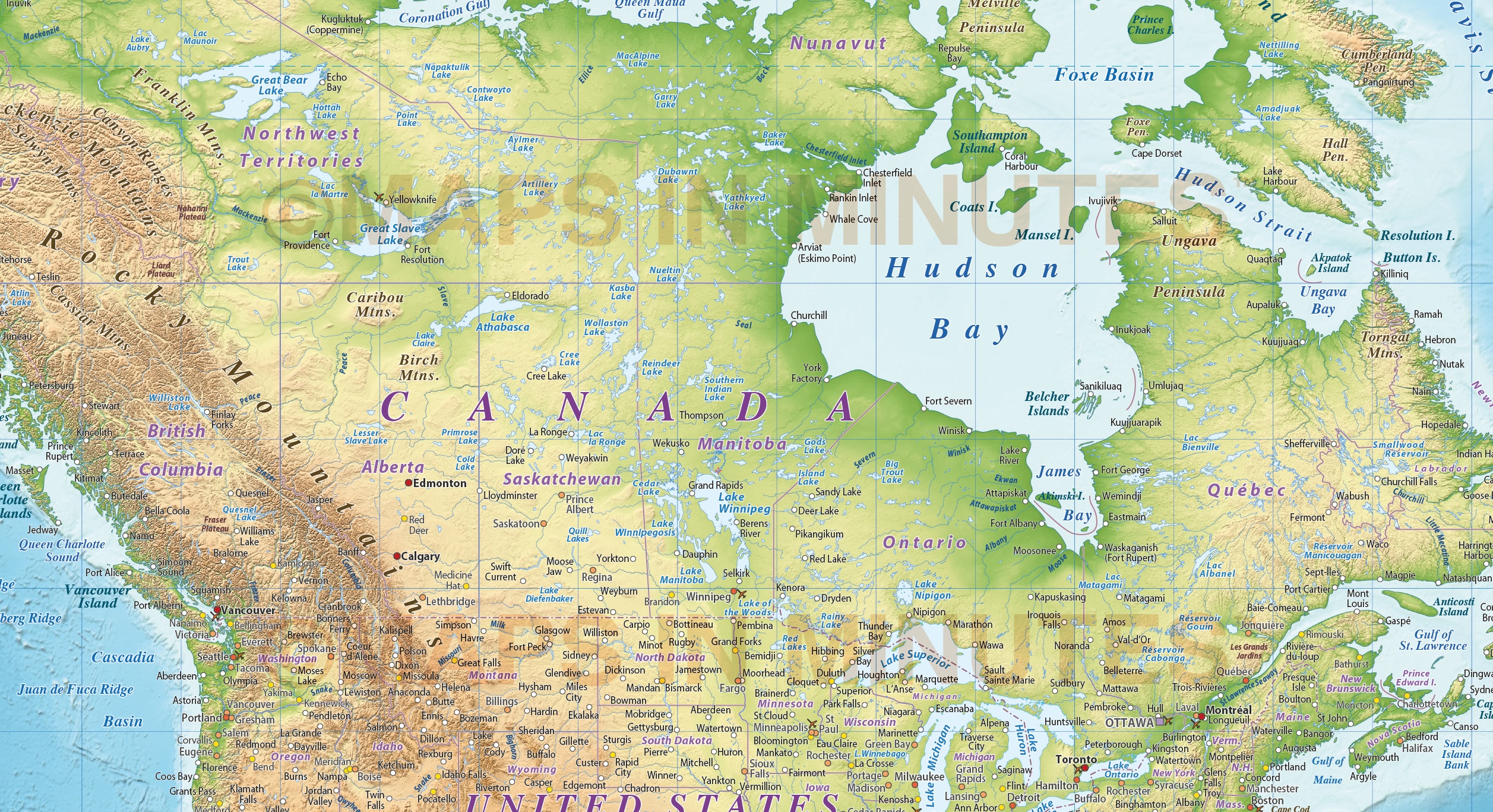 Digital vector Political World map with relief, terrain for land and ...
