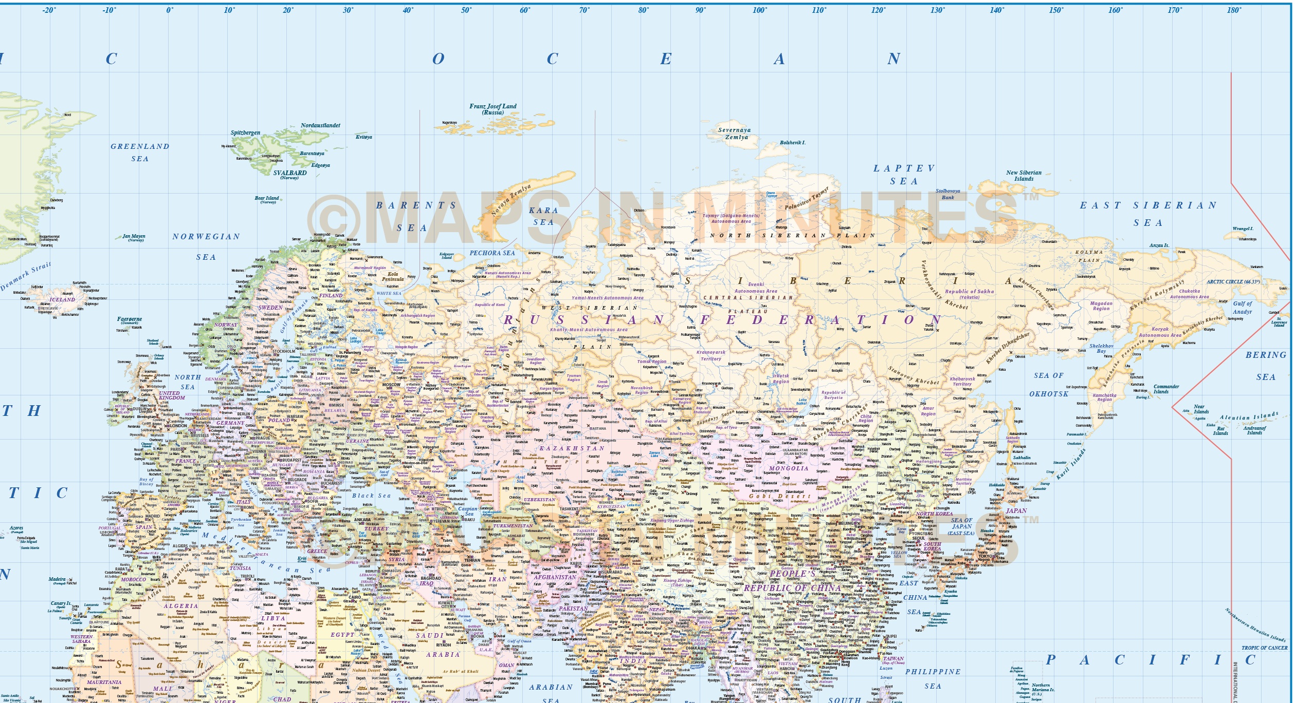 Digital vector Political World map with relief, terrain for land and ...