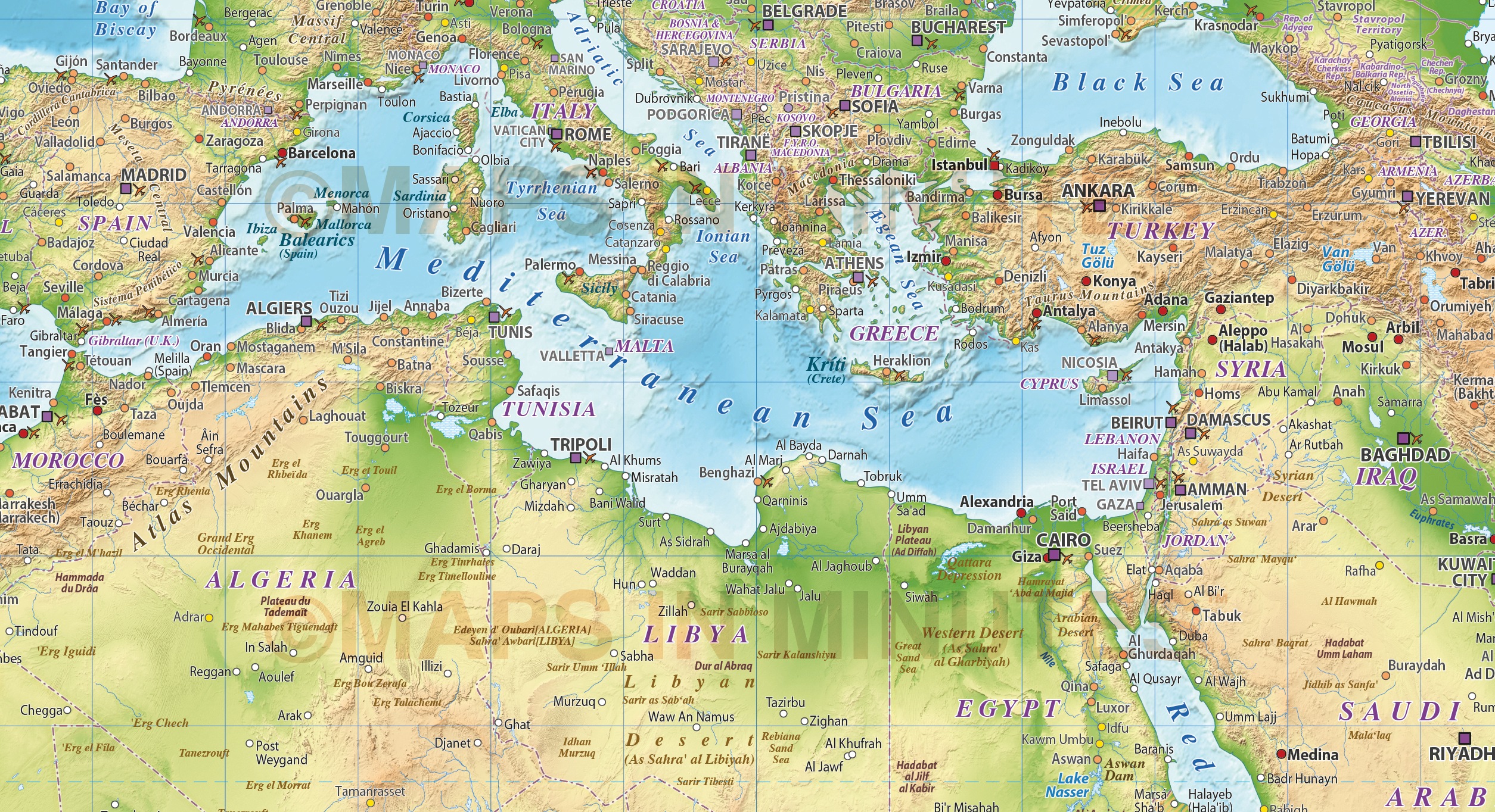 Digital vector Political World map with relief, terrain for land and ...
