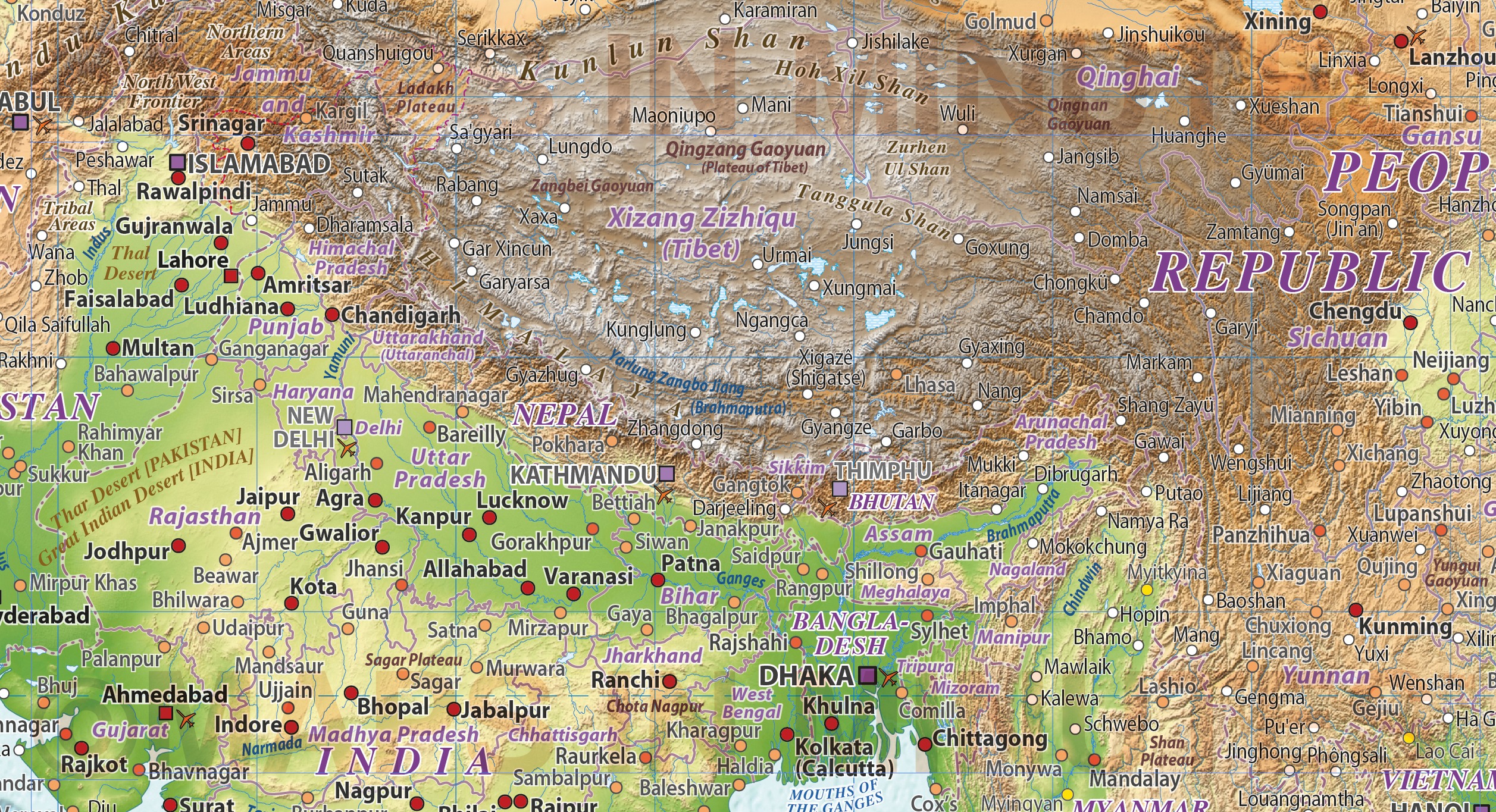 Digital vector Political World map with relief, terrain for land and ...