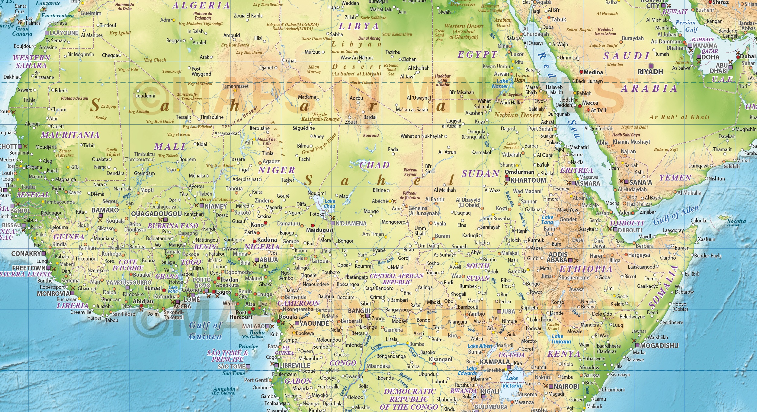 Digital vector Political World map with relief, terrain for land and ...