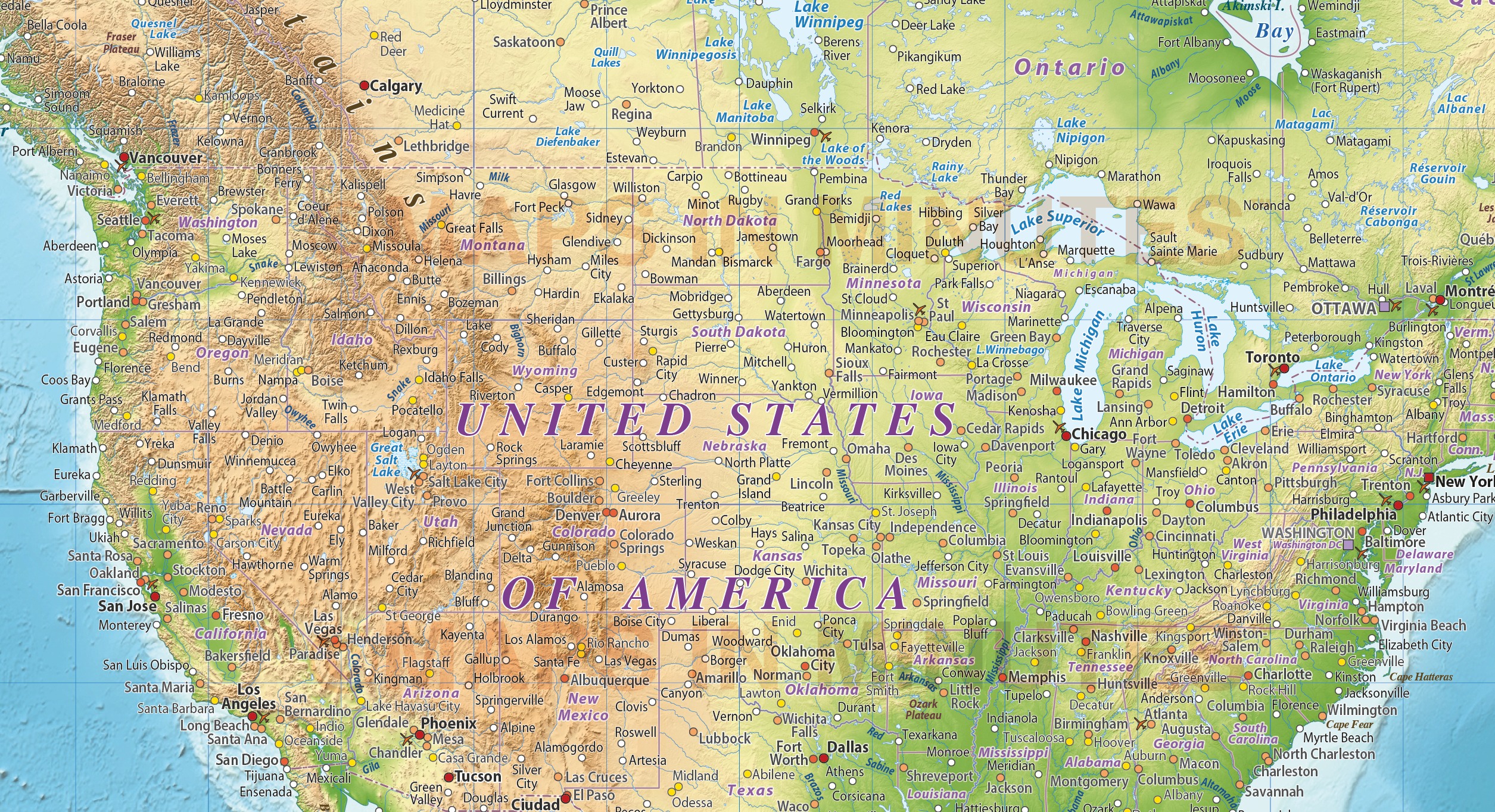 Digital vector Political World map with relief, terrain for land and ...