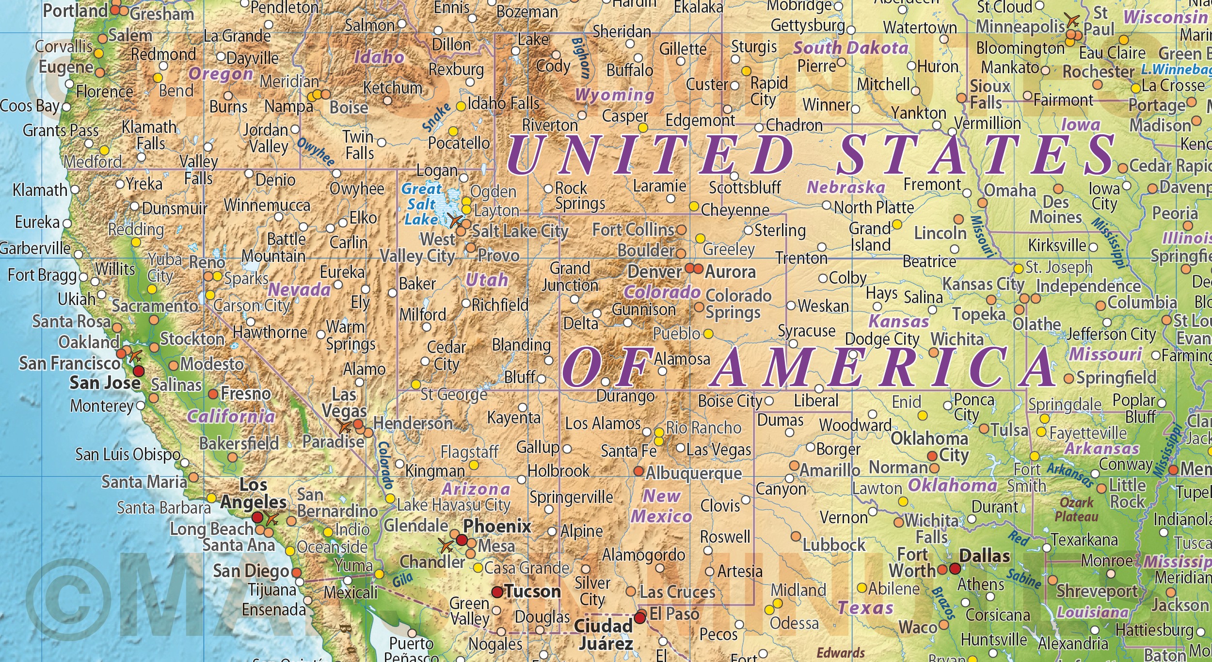 Digital vector Political World map with relief, terrain for land and ...